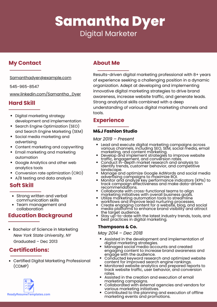ATS-Friendly Digital Marketing Resume Template For 2023 - Ready Resume ...