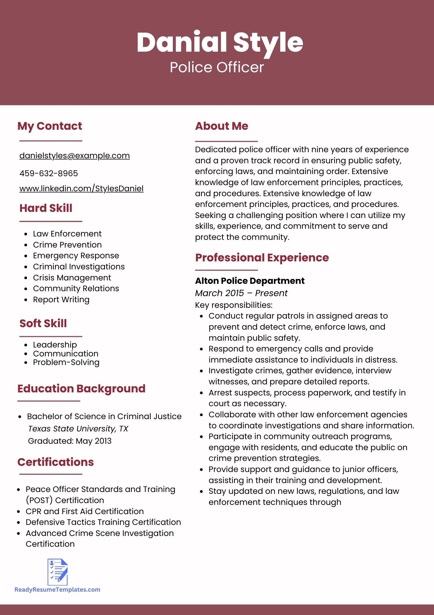 ATS-Friendly Police Officer Resume Templates For 2023 - Ready Resume ...