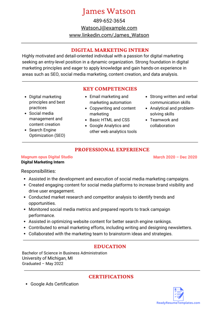 ATS-Friendly Digital Marketing Resume Template For 2023 - Ready Resume ...