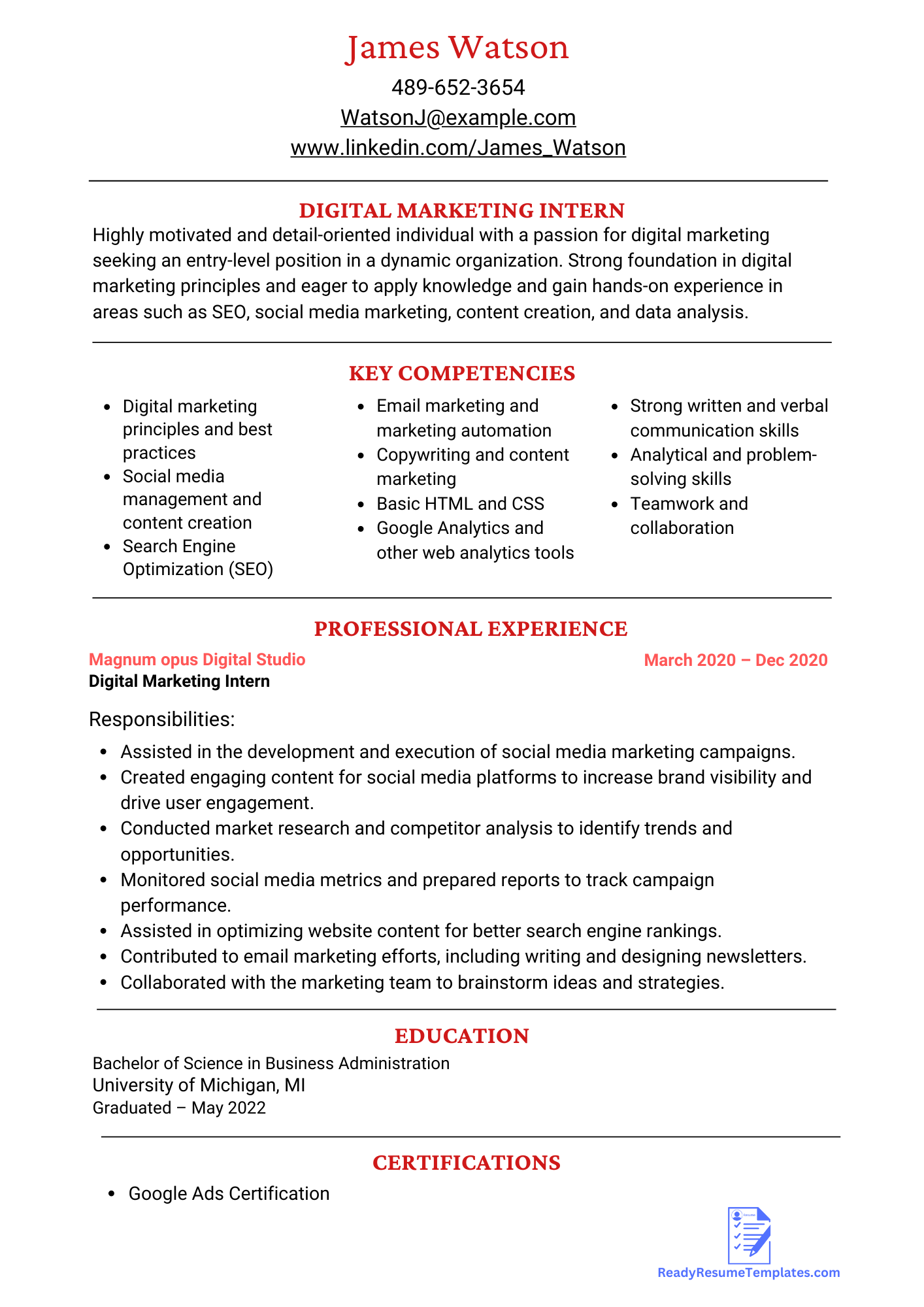 ATS-Friendly Digital Marketing Resume Template For 2023 - Ready Resume ...