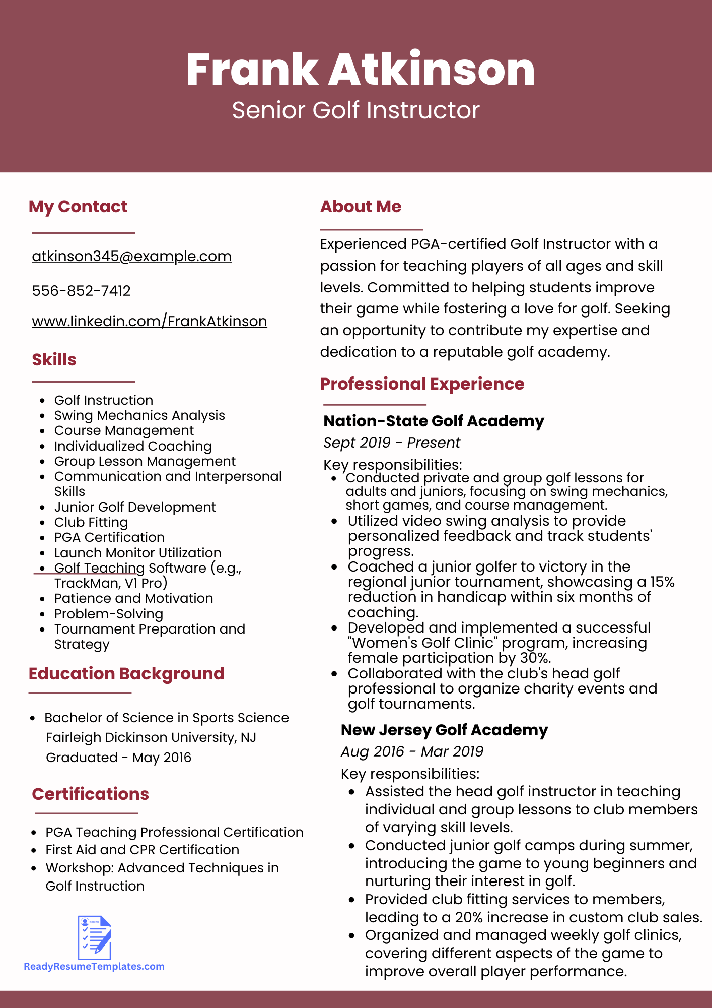 ATS-Friendly Golf Instructor Resume Template For 2023 - Ready Resume ...