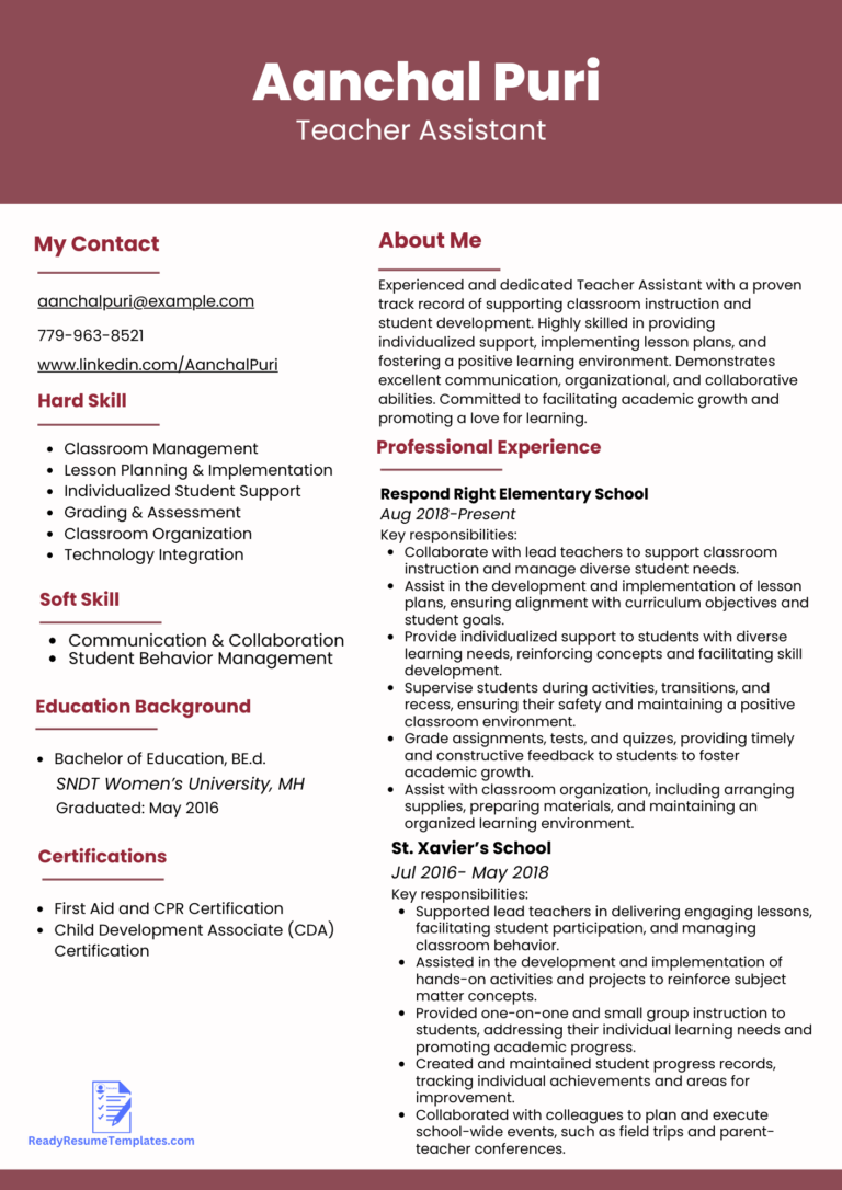 ATS-Friendly Teacher Assistant Resume Templates For 2023 - Ready Resume ...