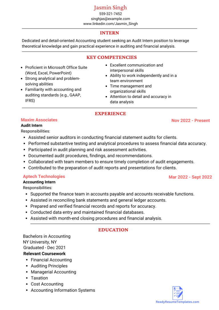 ATS-Friendly Audit Intern Resume Template For 2023 - Ready Resume Templates
