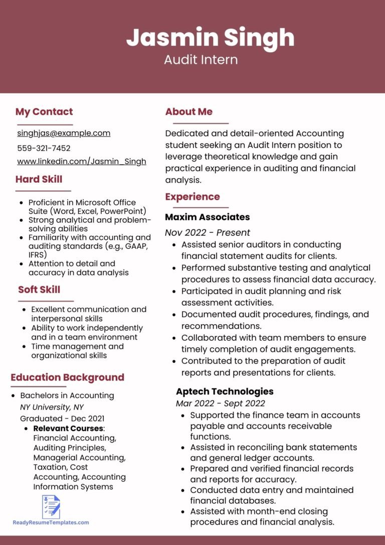 ATS-Friendly Audit Intern Resume Template For 2023 - Ready Resume Templates
