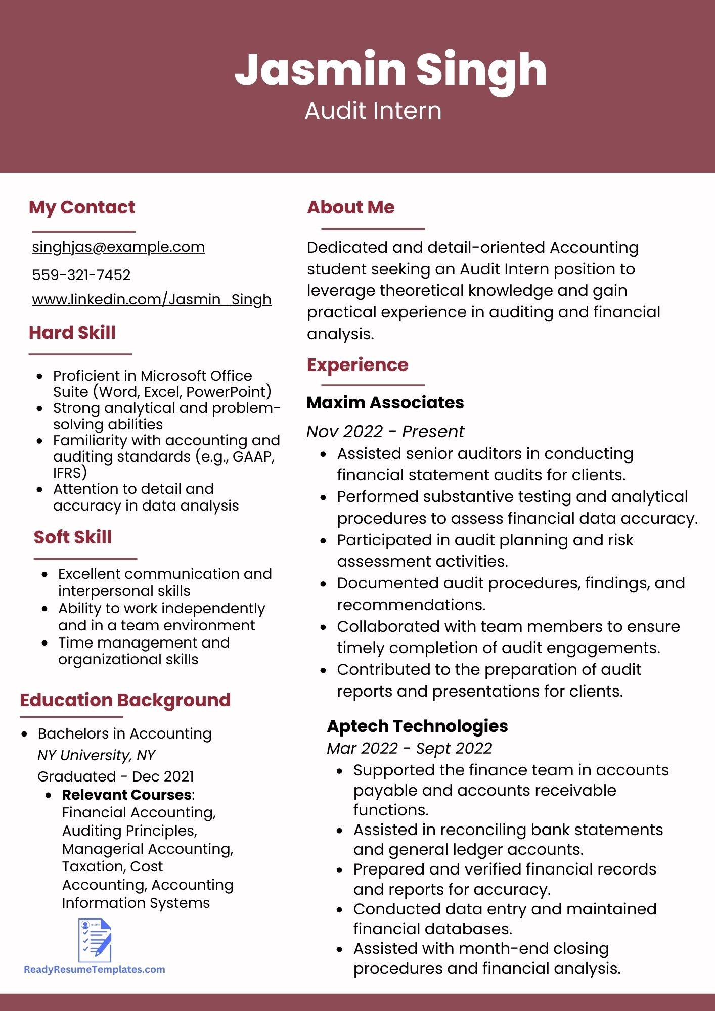 ATS-Friendly Audit Intern Resume Template For 2023 - Ready Resume Templates