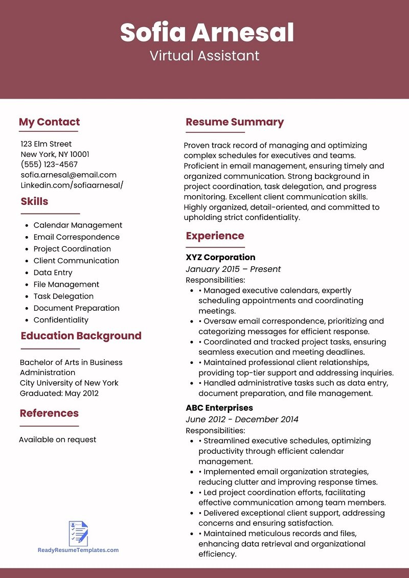 ATS-Friendly Virtual Assistant Resume Templates For 2023 - Ready Resume ...