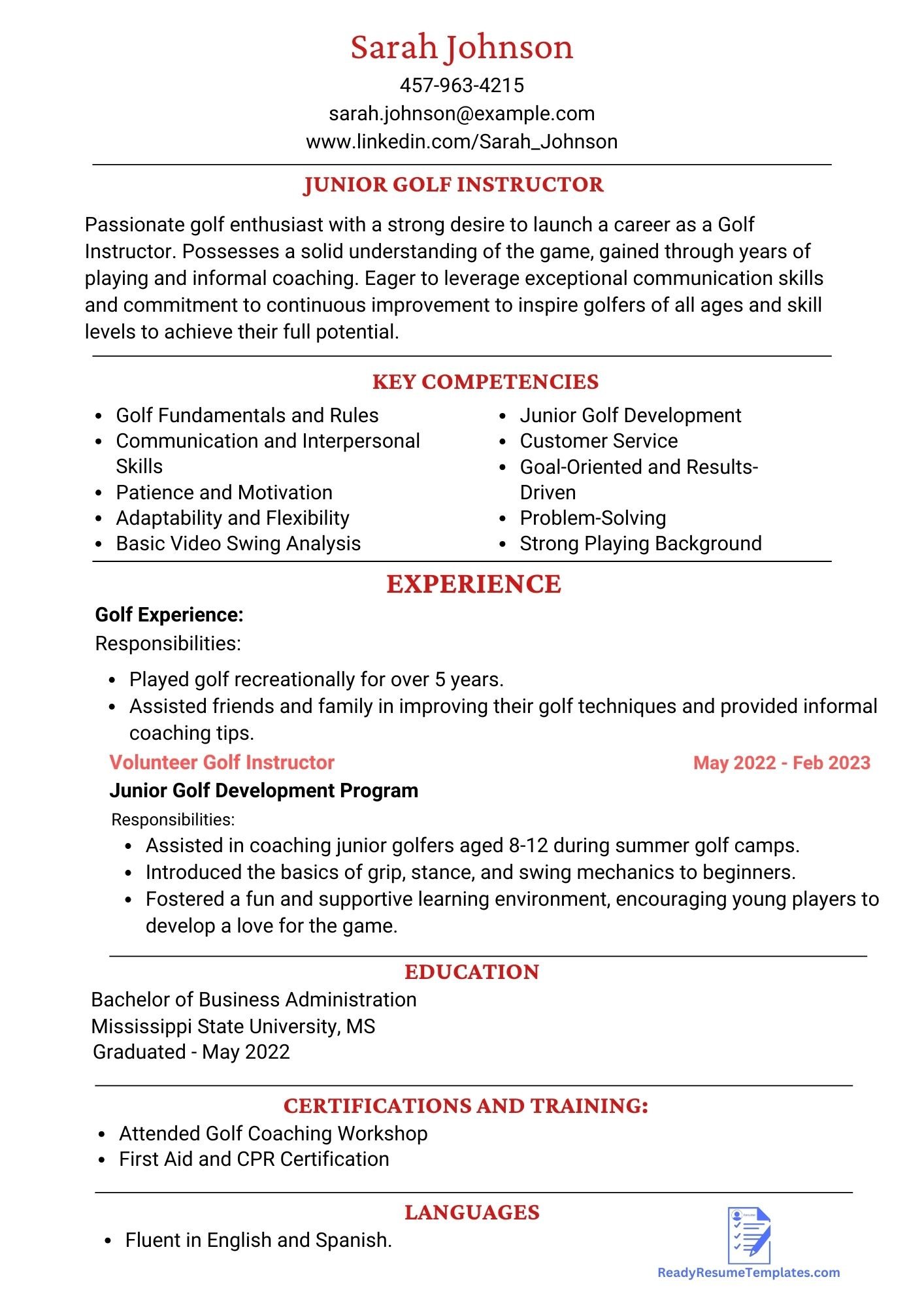ATS-Friendly Golf Instructor Resume Template For 2023 - Ready Resume ...